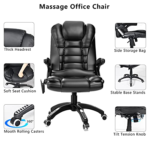 Ergonomic Massage Office Chair with Heated, Faux Leather High Back Executive 6 Pointed Vibrating Computer Gaming Chair with Lumbar Support, Adjustable Back Recline Swivel 360° Desk Chair, Black