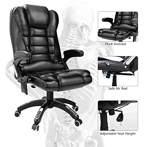 Ergonomic Massage Office Chair with Heated, Faux Leather High Back Executive 6 Pointed Vibrating Computer Gaming Chair with Lumbar Support, Adjustable Back Recline Swivel 360° Desk Chair, Black