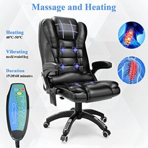 Ergonomic Massage Office Chair with Heated, Faux Leather High Back Executive 6 Pointed Vibrating Computer Gaming Chair with Lumbar Support, Adjustable Back Recline Swivel 360° Desk Chair, Black