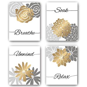 unframed relax soak unwind breathe bathroom wall decor – paintlig 8×10 inch bathroom wall art, abstract flowers gold foil print bathroom decor wall art, set of 4 bathroom pictures for wall decor, bathroom art (gold)