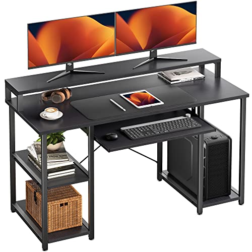 NOBLEWELL Computer Desk with Storage Shelves, 47 inch Home Office Desk with Monitor Stand, Writing Desk Table with Keyboard Tray (Black)