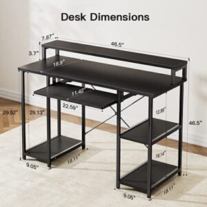 NOBLEWELL Computer Desk with Storage Shelves, 47 inch Home Office Desk with Monitor Stand, Writing Desk Table with Keyboard Tray (Black)