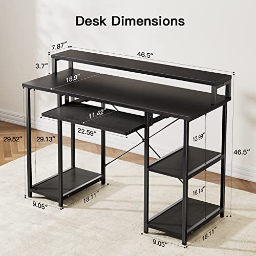 NOBLEWELL Computer Desk with Storage Shelves, 47 inch Home Office Desk with Monitor Stand, Writing Desk Table with Keyboard Tray (Black)