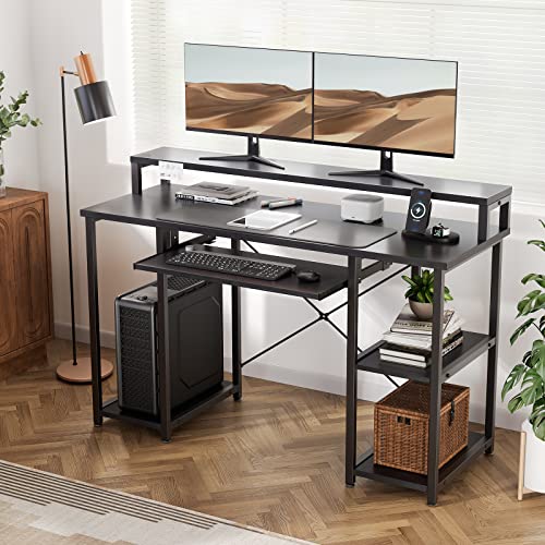 NOBLEWELL Computer Desk with Storage Shelves, 47 inch Home Office Desk with Monitor Stand, Writing Desk Table with Keyboard Tray (Black)