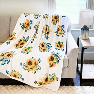 sunflower blanket throw by little hill home – sunflower throw blanket with greenery – 60″x60″ sunflower throw blankets – super soft fleece plush white sunflower blankets for women sunflower gifts