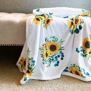 Sunflower Blanket Throw by Little Hill Home - Sunflower Throw Blanket with Greenery - 60"x60" Sunflower Throw Blankets - Super Soft Fleece Plush White Sunflower Blankets for Women Sunflower Gifts