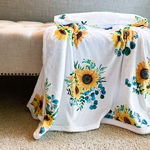 Sunflower Blanket Throw by Little Hill Home - Sunflower Throw Blanket with Greenery - 60"x60" Sunflower Throw Blankets - Super Soft Fleece Plush White Sunflower Blankets for Women Sunflower Gifts