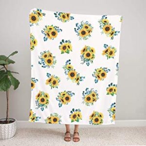 Sunflower Blanket Throw by Little Hill Home - Sunflower Throw Blanket with Greenery - 60"x60" Sunflower Throw Blankets - Super Soft Fleece Plush White Sunflower Blankets for Women Sunflower Gifts