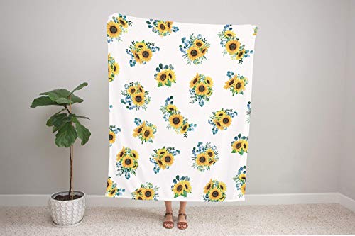 Sunflower Blanket Throw by Little Hill Home - Sunflower Throw Blanket with Greenery - 60"x60" Sunflower Throw Blankets - Super Soft Fleece Plush White Sunflower Blankets for Women Sunflower Gifts