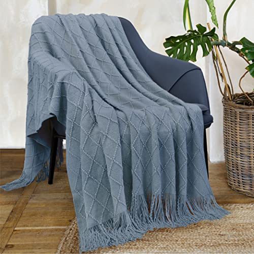 PAVILIA Knitted Throw Blanket Fringe Dusty Slate Light Blue Gray | Decorative Tassel Boho Farmhouse Decor Couch Bed Sofa Fall Outdoor | Woven Textured Afghan Soft Lightweight Cozy Acrylic 50x60