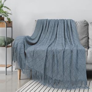 PAVILIA Knitted Throw Blanket Fringe Dusty Slate Light Blue Gray | Decorative Tassel Boho Farmhouse Decor Couch Bed Sofa Fall Outdoor | Woven Textured Afghan Soft Lightweight Cozy Acrylic 50x60