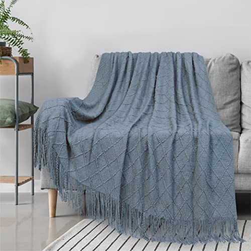 PAVILIA Knitted Throw Blanket Fringe Dusty Slate Light Blue Gray | Decorative Tassel Boho Farmhouse Decor Couch Bed Sofa Fall Outdoor | Woven Textured Afghan Soft Lightweight Cozy Acrylic 50x60