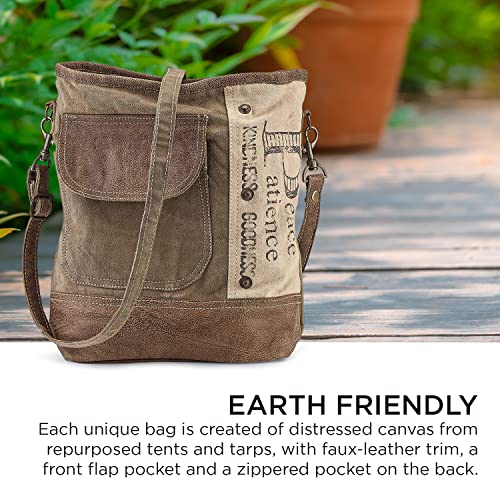 PGI Traders Upcycled Canvas Shoulder Bag | Earth Friendly Tote | Inspirational Words | No Two Alike | Adjustable Strap | Fully Lined | Zip Closure