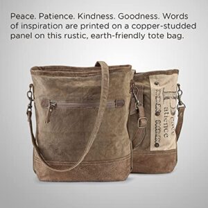 PGI Traders Upcycled Canvas Shoulder Bag | Earth Friendly Tote | Inspirational Words | No Two Alike | Adjustable Strap | Fully Lined | Zip Closure