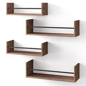 ygeomer 4 set floating wall shelves, nursery book shelf, wall mounted hanging shelves with metal rail for book, bedroom, bathroom and kitchen