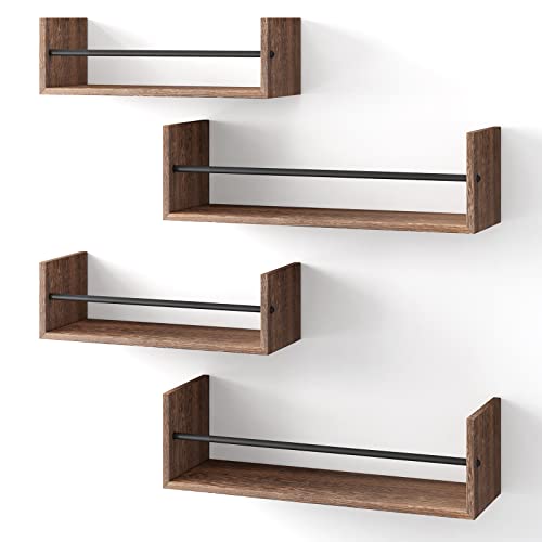 YGEOMER 4 Set Floating Wall Shelves, Nursery Book Shelf, Wall Mounted Hanging Shelves with Metal Rail for Book, Bedroom, Bathroom and Kitchen