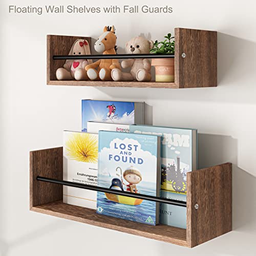 YGEOMER 4 Set Floating Wall Shelves, Nursery Book Shelf, Wall Mounted Hanging Shelves with Metal Rail for Book, Bedroom, Bathroom and Kitchen