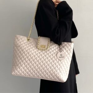 Seagloca 13.4“ Women Quilted Double Strap Shoulder Bag Quilted Hobo Tote Handbag Large Capacity（white）