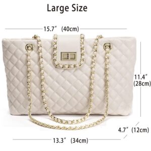 Seagloca 13.4“ Women Quilted Double Strap Shoulder Bag Quilted Hobo Tote Handbag Large Capacity（white）