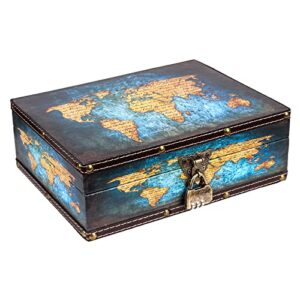 vintage wood and leather treasure chest with lid and lock – decorative wooden stash box keepsakes storage box for birthday wedding nursery office home decoration – retro world map 10.6″×8.3″×3.7″