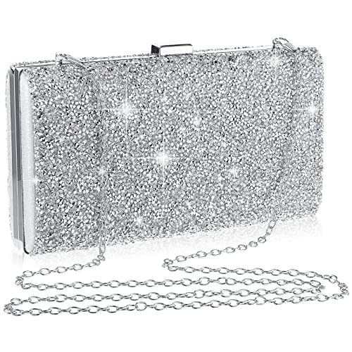 Clutch Purse Evening Bag Women Rhinestone Glitter Handbag Double Sided with Chain Crossbody Purse Shoulder for Wedding Party (Silver)