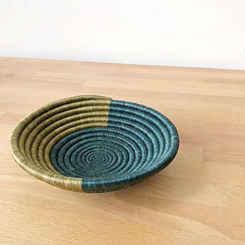 Small African Basket- Tambwe/Rwanda Basket/Woven Bowl/Sisal & Sweetgrass Basket/Deep Teal, Green-Gold