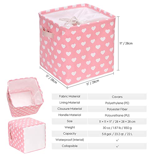 Hinwo 3-Pack Cubic Organizer Shelf Bins, Canvas Fabric Storage Baskets with Handles, 22L/5.8-Gal Square Storage Bins, Cubes, Collapsible Storage Box, 11 x 11 x 11 Inches (S, Pink Heart)