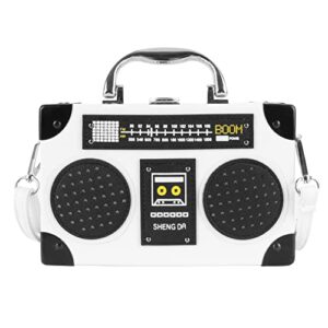 vintage radio recorder clutch handbag leather top metal handle crossbody small box bag shoulder bag, white