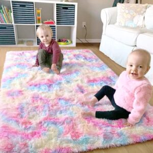 ompaa soft fluffy rainbow kids rug for girls bedroom carpets, 4×6 feet, pastel unicorn room decor, kawaii tie dye rugs for teens dorm aesthetic, shaggy nursery area rug for baby toddler princess room