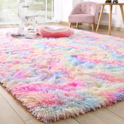 Ompaa Soft Fluffy Rainbow Kids Rug for Girls Bedroom Carpets, 4x6 Feet, Pastel Unicorn Room Decor, Kawaii Tie Dye Rugs for Teens Dorm Aesthetic, Shaggy Nursery Area Rug for Baby Toddler Princess Room