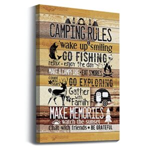 camping rules make memories wood grain pattern wall art prints artwork decor for camper themed canvas wall art prints,rv outdoor living room home decorations,11″x14″