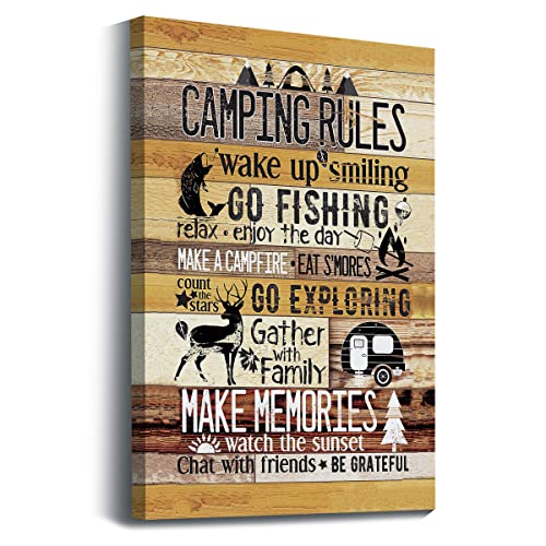 Camping Rules Make Memories Wood Grain Pattern Wall Art Prints Artwork Decor for Camper Themed Canvas Wall Art Prints,RV Outdoor Living Room Home Decorations,11"x14"