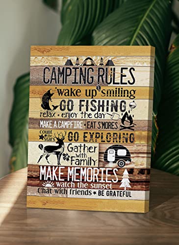 Camping Rules Make Memories Wood Grain Pattern Wall Art Prints Artwork Decor for Camper Themed Canvas Wall Art Prints,RV Outdoor Living Room Home Decorations,11"x14"