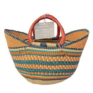 deluxe colorful african shopping basket – large 18″ u-shape – by market women in bolgatanga, ghana with africa heartwood project – gblsc (flat-packed)