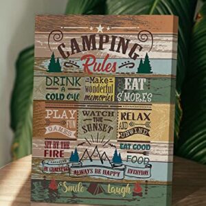 Camping Rules Play Fun Relax Smile Laugh Wood Grain Pattern Wall Art Prints Artwork Decor for Camper Themed Canvas Wall Art Prints,RV Outdoor Living Room Home Decorations,11"x14"