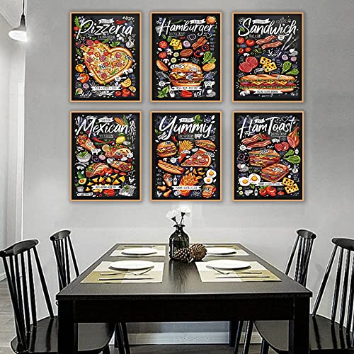 Luodroduo Kitchen Poster Wall Art Print Set of 6 Retro Fast Food Canvas Wall Decor Hamburger Pizza Sandwich Bacon Egg Pictures for Modern Family dining room Restaurant Kitchen (8"x10" UNFRAMED)