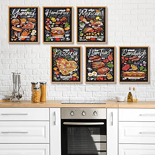 Luodroduo Kitchen Poster Wall Art Print Set of 6 Retro Fast Food Canvas Wall Decor Hamburger Pizza Sandwich Bacon Egg Pictures for Modern Family dining room Restaurant Kitchen (8"x10" UNFRAMED)