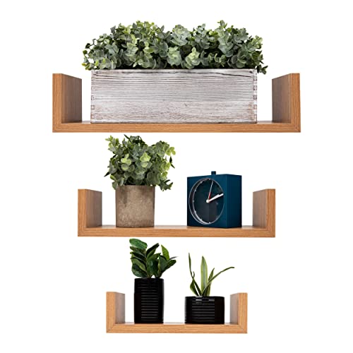 Mind Reader 3 Pack of U Floating Wall Shelves with Invisible Brackets for Living Room, Bedroom, Bathroom, Kitchen Decor, Brown