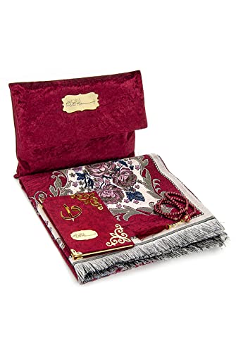 Muslim Prayer Rug, Beads and Yaseen Prayer Book with Elegant Velvet Fabric Bag | Janamaz | Sajadah | Soft Islamic Prayer Rug | Islamic Gifts | Prayer Carpet Mat, Chenille Fabric, Burgundy