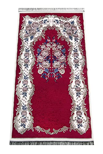 Muslim Prayer Rug, Beads and Yaseen Prayer Book with Elegant Velvet Fabric Bag | Janamaz | Sajadah | Soft Islamic Prayer Rug | Islamic Gifts | Prayer Carpet Mat, Chenille Fabric, Burgundy