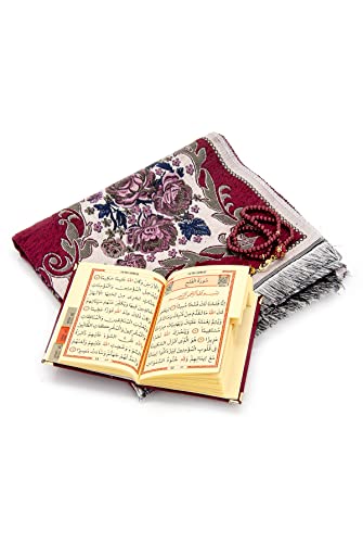 Muslim Prayer Rug, Beads and Yaseen Prayer Book with Elegant Velvet Fabric Bag | Janamaz | Sajadah | Soft Islamic Prayer Rug | Islamic Gifts | Prayer Carpet Mat, Chenille Fabric, Burgundy