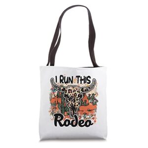 leopard bull skull i run this rodeo desert cactus western tote bag