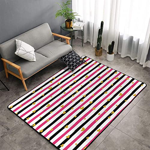 Gold and White Pattern Area Rug, Romantic Teenager Love Sign Hearts on Grunge Stripes Lines Decorative Contemporary Home Decor Hot Pink Black and White 59 x 71 Inch