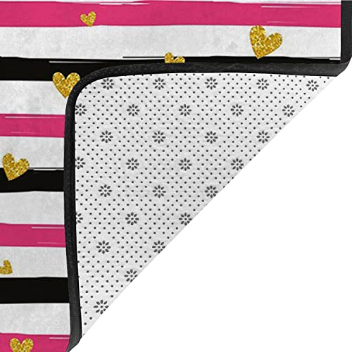 Gold and White Pattern Area Rug, Romantic Teenager Love Sign Hearts on Grunge Stripes Lines Decorative Contemporary Home Decor Hot Pink Black and White 59 x 71 Inch