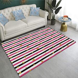 Gold and White Pattern Area Rug, Romantic Teenager Love Sign Hearts on Grunge Stripes Lines Decorative Contemporary Home Decor Hot Pink Black and White 59 x 71 Inch