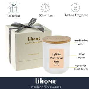 Lihome Cat Lover Gifts for Women - Cat Gifts for Cat Lovers, Odor Eliminating Candle, Candles for Home Scented, Handmade Ceramic Jar 11.5oz Natural Soy Wax(Lavender)