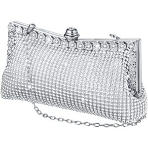 women silver evening purse rhinestone clutch bag handbag bling shoulder cross body with short and longchain for wedding party (beads style)