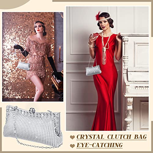 Women Silver Evening Purse Rhinestone Clutch Bag Handbag Bling Shoulder Cross Body with Short and LongChain for Wedding Party (Beads Style)