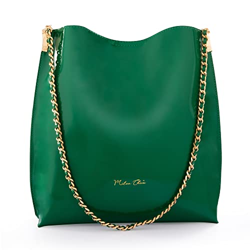 Milan Chiva Shoulder Bag for Women Shiny Hobo Purses and Handbags Designer Tote Bags with Mini Wallet MC-1023GN Green