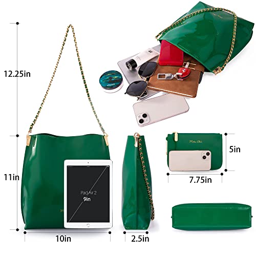 Milan Chiva Shoulder Bag for Women Shiny Hobo Purses and Handbags Designer Tote Bags with Mini Wallet MC-1023GN Green